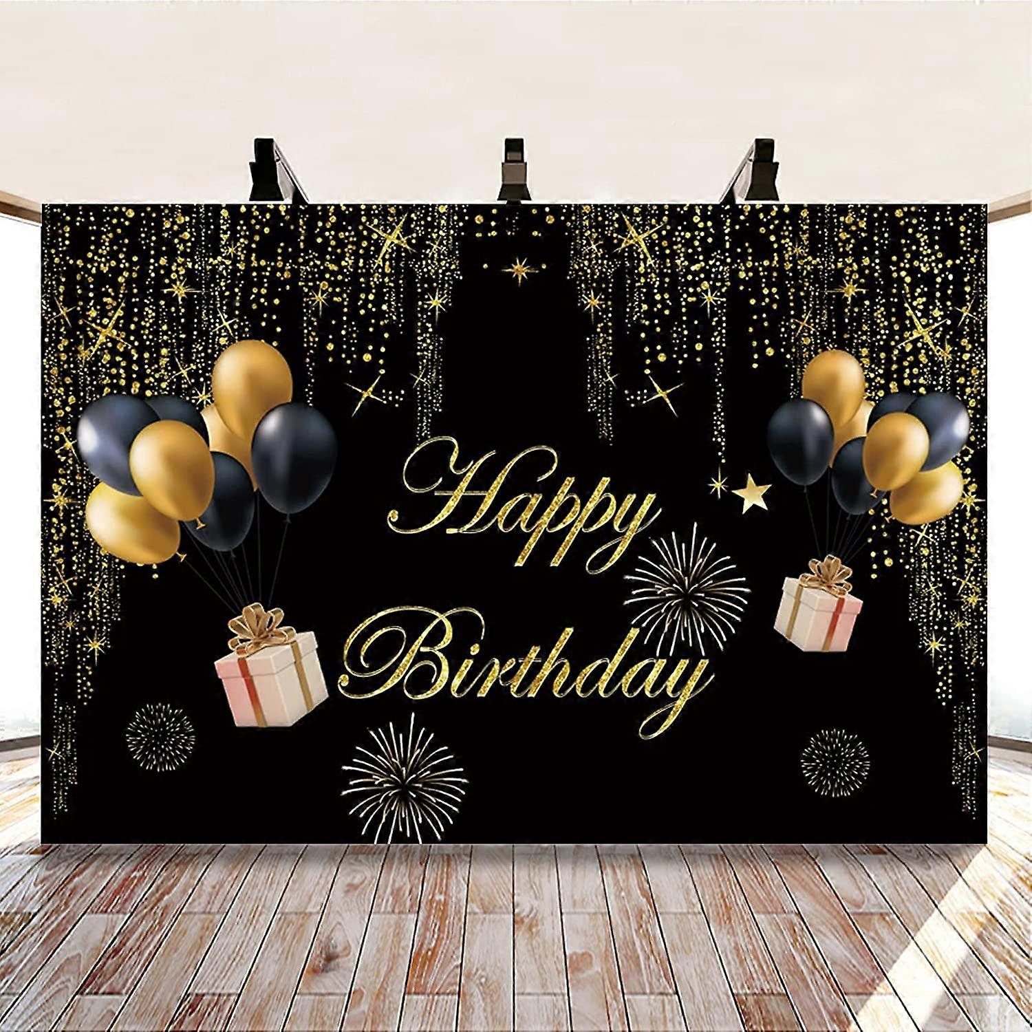 Glitter Gold Happy Birthday Backdrop Black Gold Balloons Birthday ...