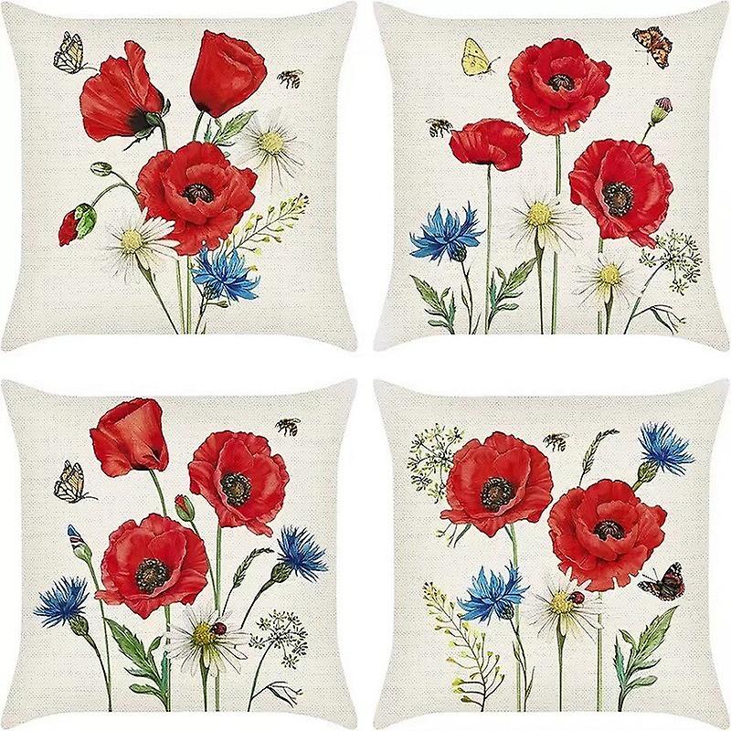 Set of 4 Poppy Flower Cushion Cover 45 x 45 cm Red Poppy Flowers ...