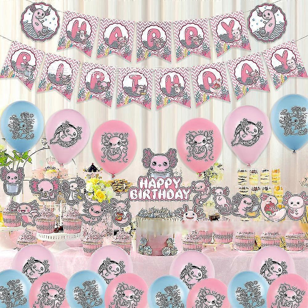 Pink Axolotl Cartoon Themed Kids Birthday Party Balloons Banner Cake ...