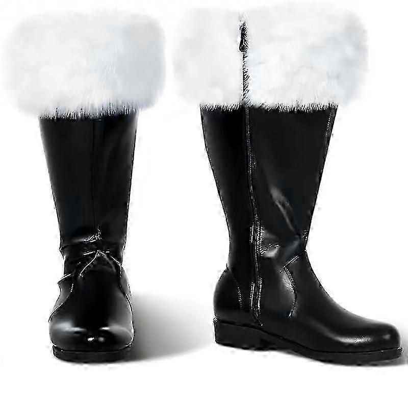 Christmas Santa Claus Boots Cosplay Black Leather Shoes White Plush ...