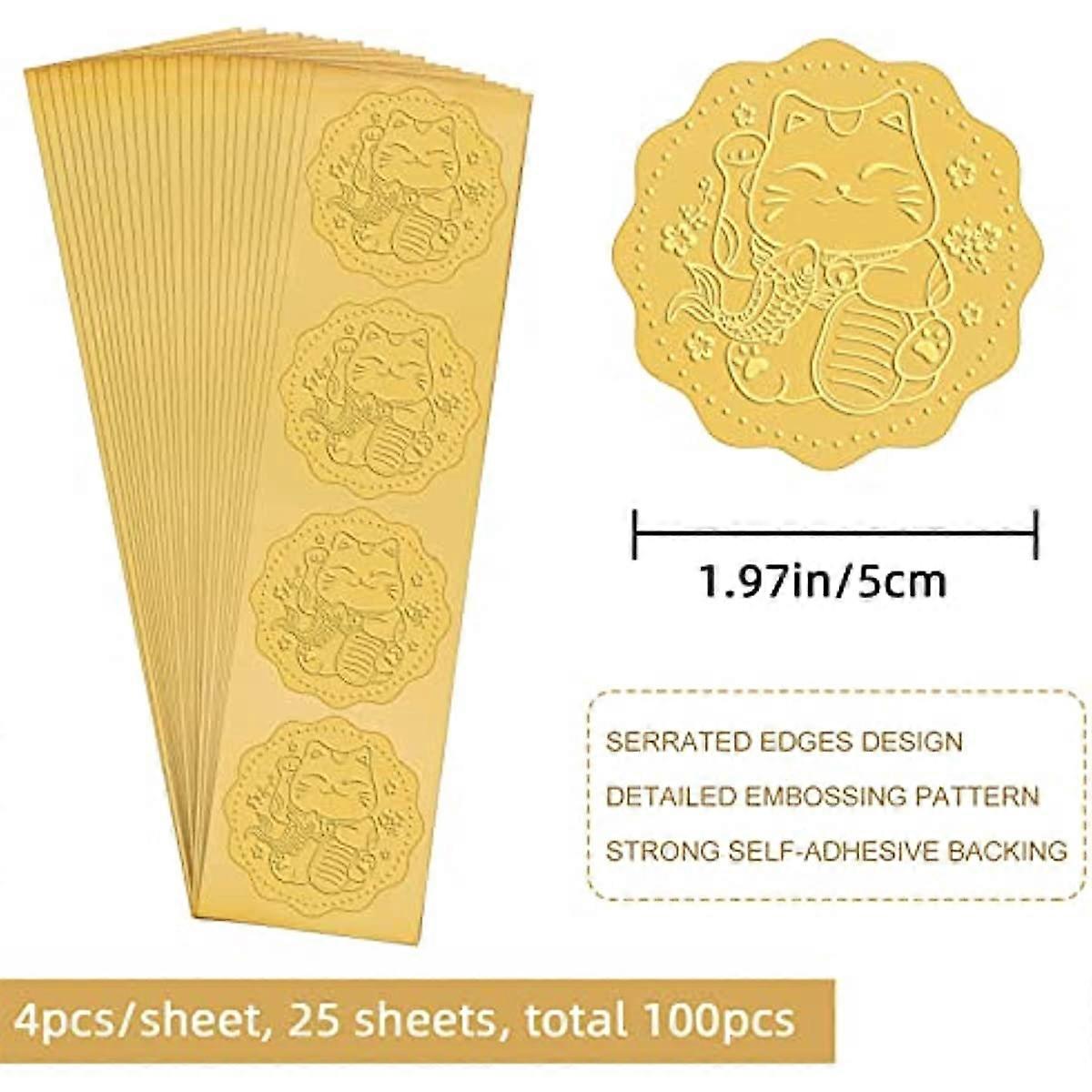 2" Gold Foil Sticker Lucky Cat 100pcs Certificate Seals Gold Embossed ...