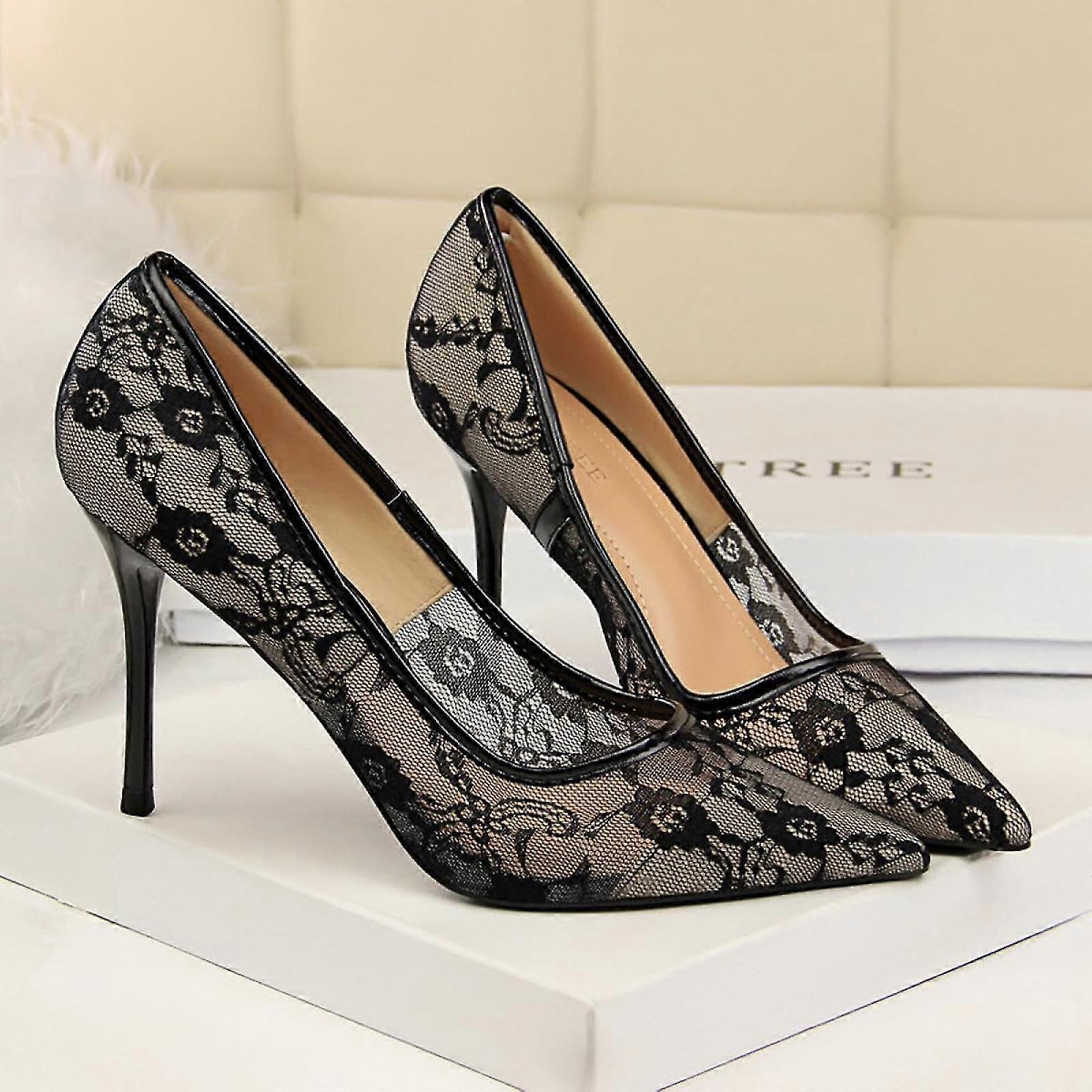 Women's Sexy Mesh Lace Pumps, 4 Inch High Heels Pointed Toe Closed ...