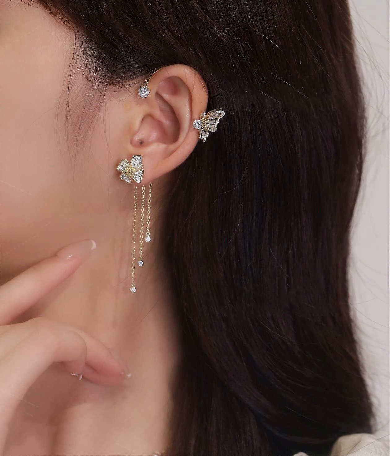 Butterfly Tassel Style Zircon Earrings, Sparkling Zircon No Piercing ...