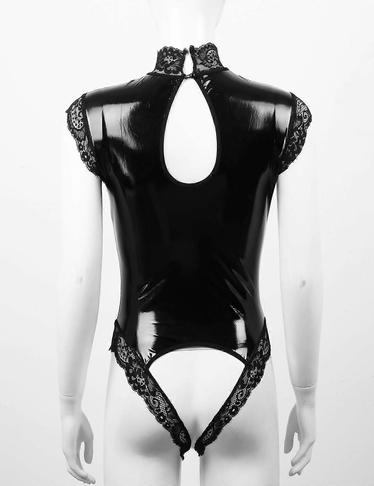 Erotic Fetish Bodys Suit Cupless Crotchless Teddy Femme Black Wetlook ...