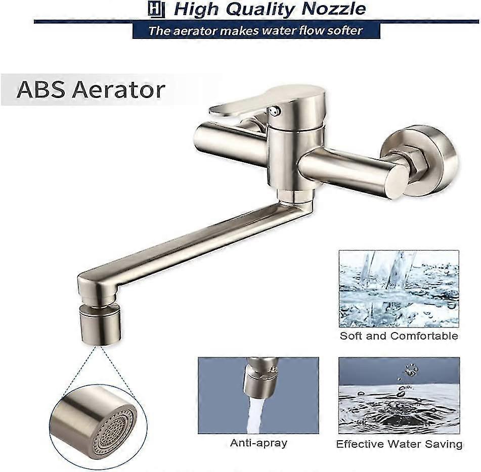 Wall Mounted Kitchen Tap With 2 Jets Sink Mixer Tap 360 Swivel Wall ...