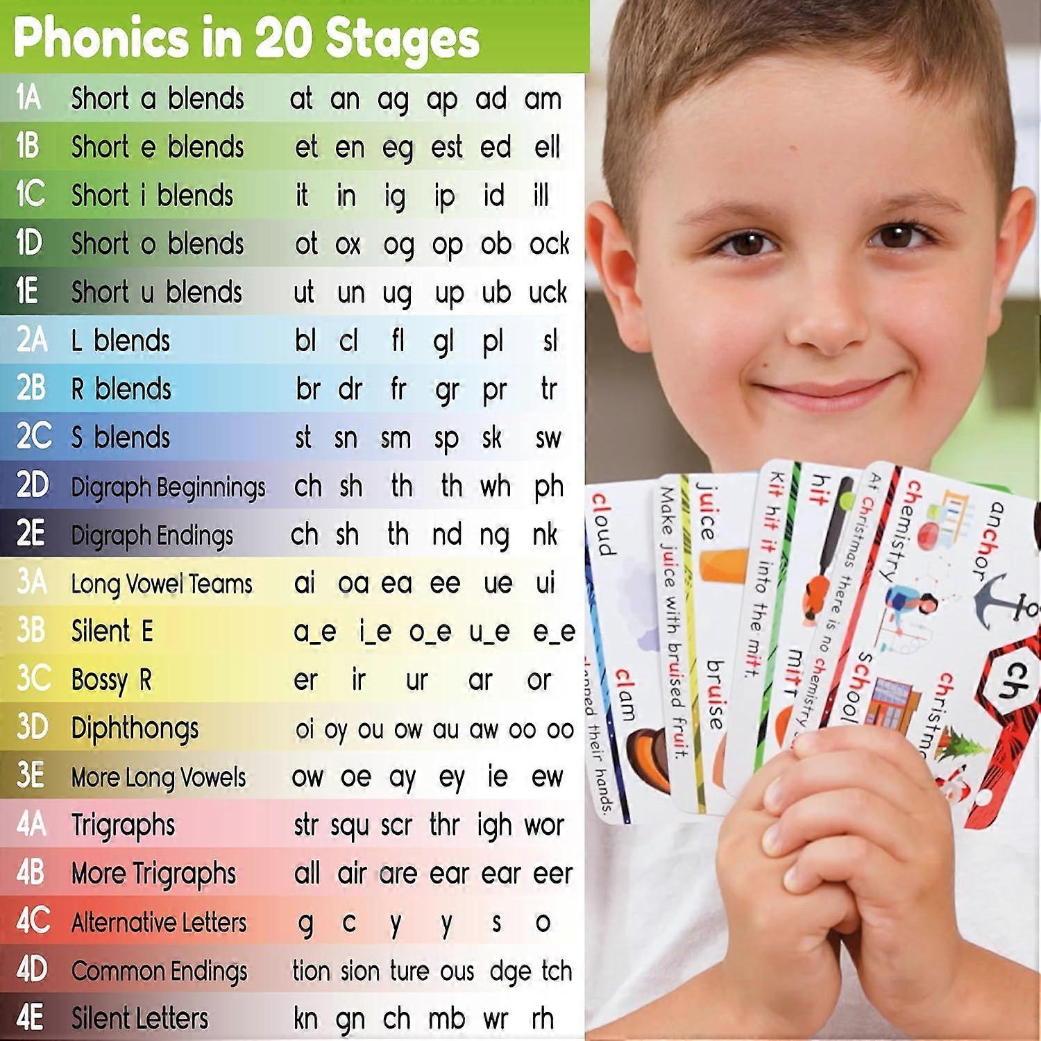 Phonics Flash Cards - Learn to Read in 20 Stages - Digraphs CVC Blends Long Vowel Sounds ...