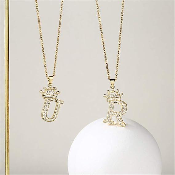 A Crown Initial Necklace for Men Women 14K Gold Plated Iced Out ...