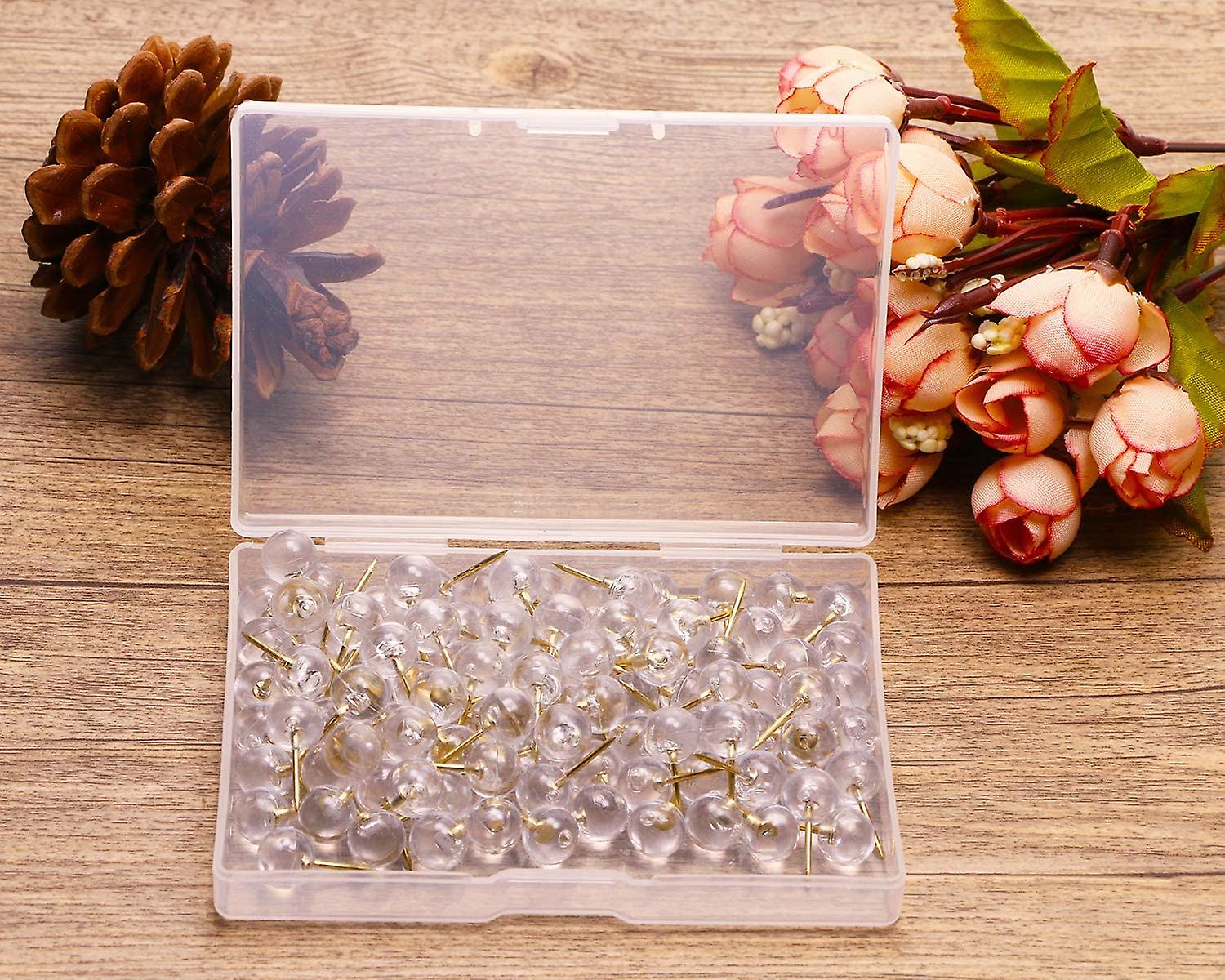 100pcs 1/3 Inch Decorative Push Pins Transparent Plastic Head And Gold ...
