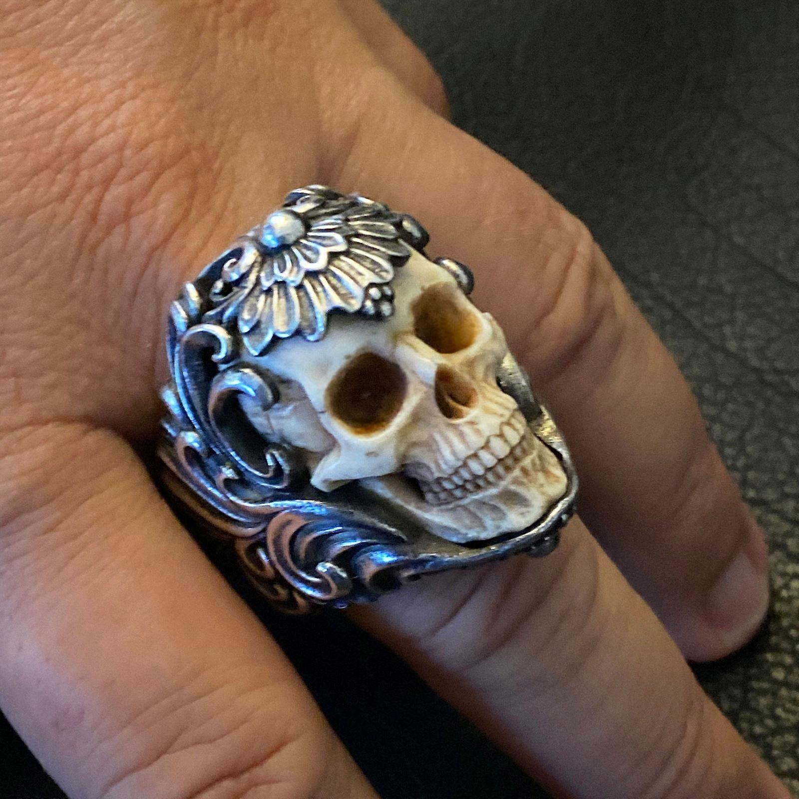 Vintage Polsk Blommig Pansar Antler Skull Ring, Justerbar Open Gothic ...