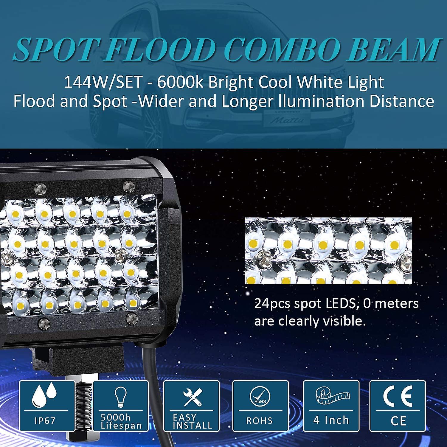 LED Work Light 12V 144W 4'' LED Car Spotlight 12v Waterproof IP67 Spot ...
