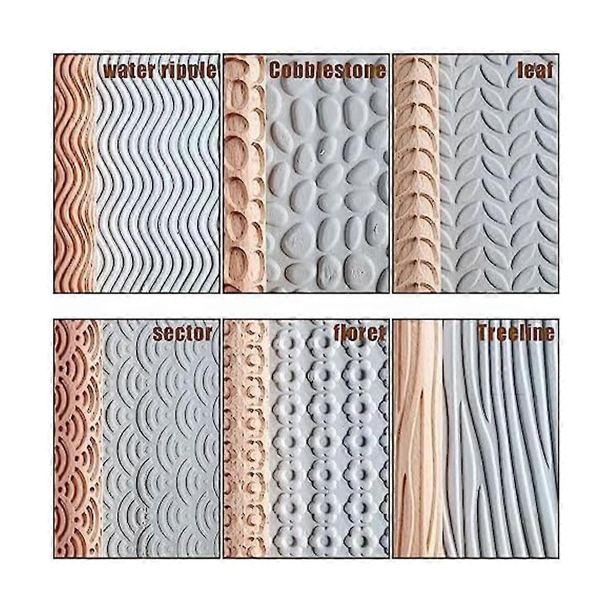 Set Of 6 Wood Clay Modeling Pattern Rollers Kit, Clay Rolling Pin ...