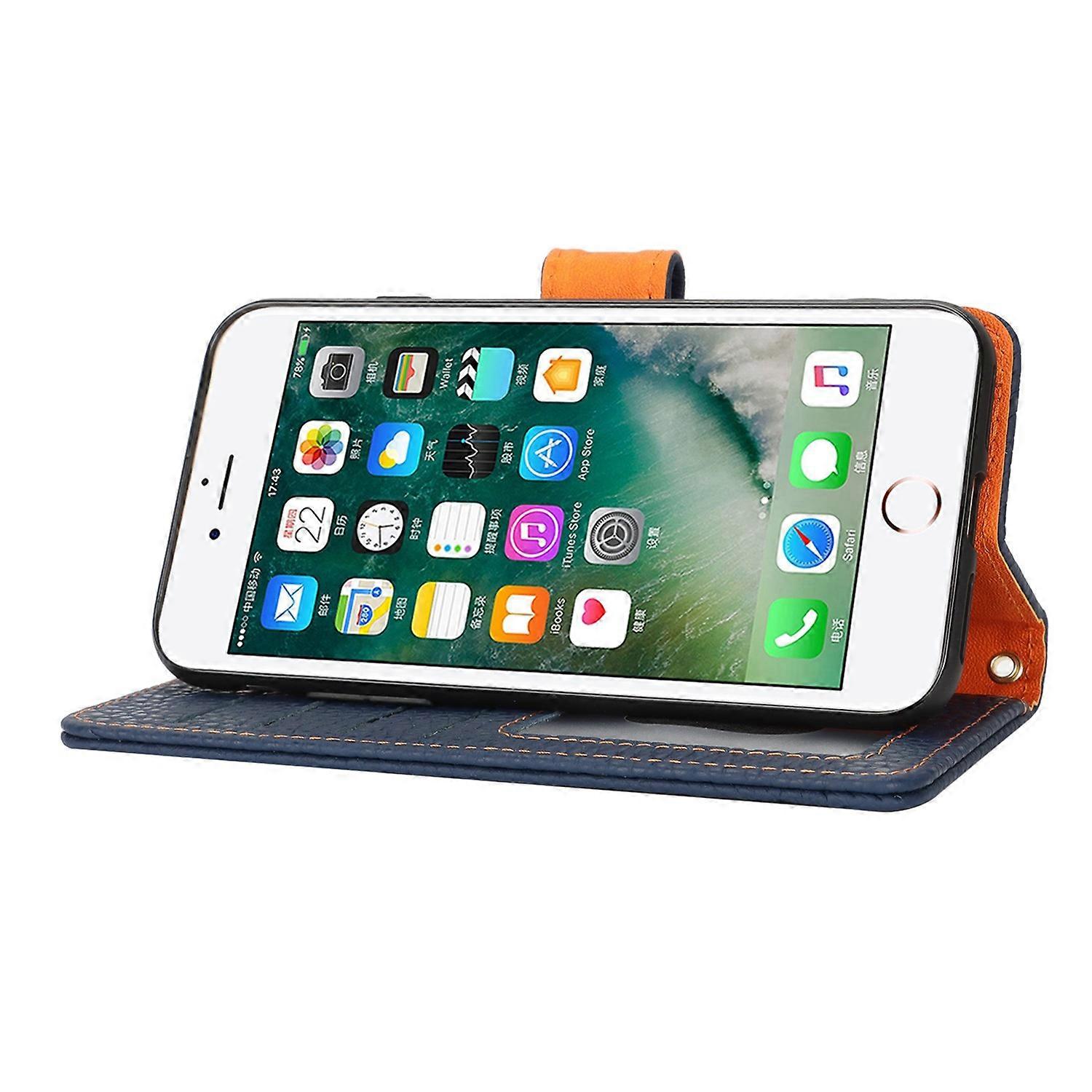 For iPhone SE (2022) (2020) 8 7 Stand Case Litchi Texture Genuine Cow ...