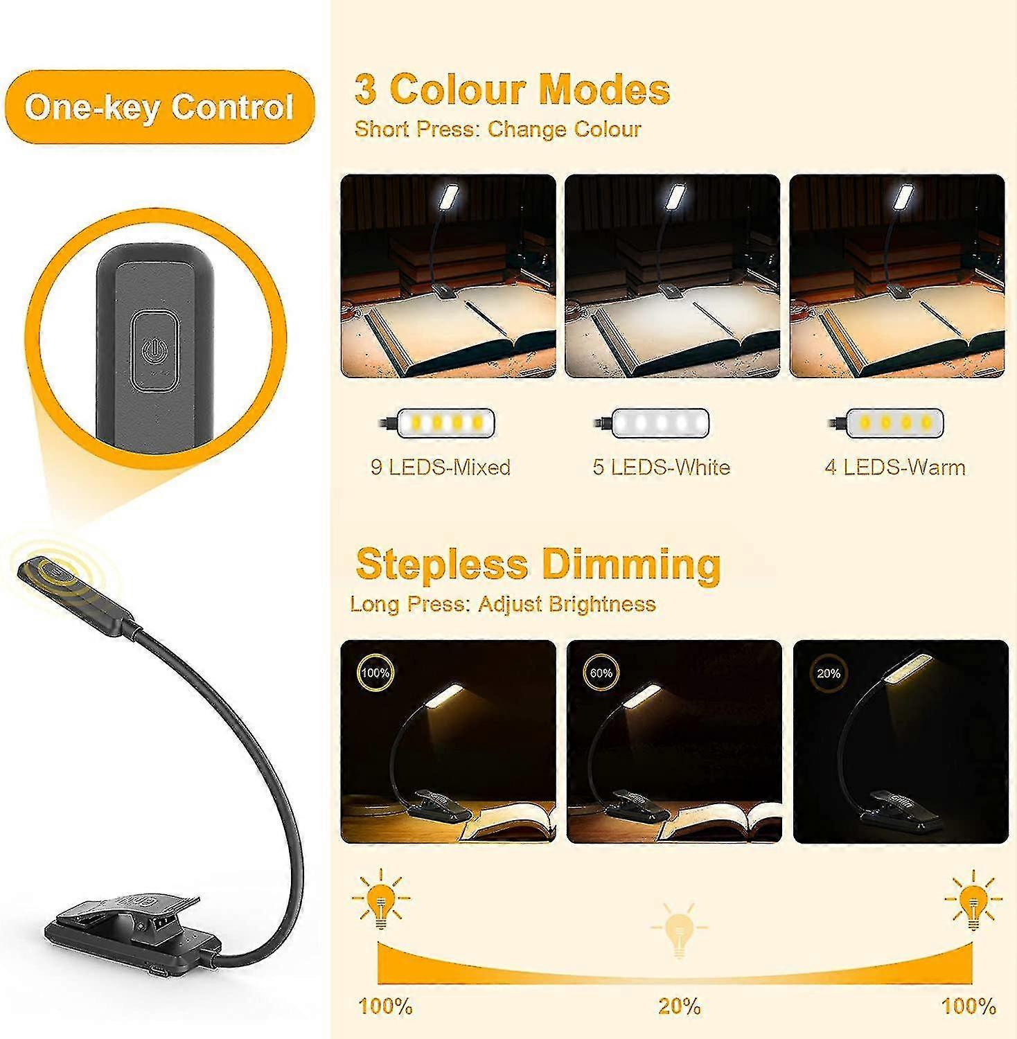Reading Lamp Book Clamp, Gritin Book Lamp With 9 Leds, 3 Color ...