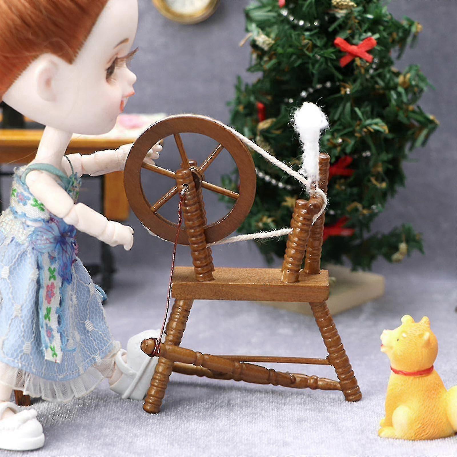 1: 12 Wood Spinning Wheel Diy Mini Hand Reeling Machine Model Wooden ...