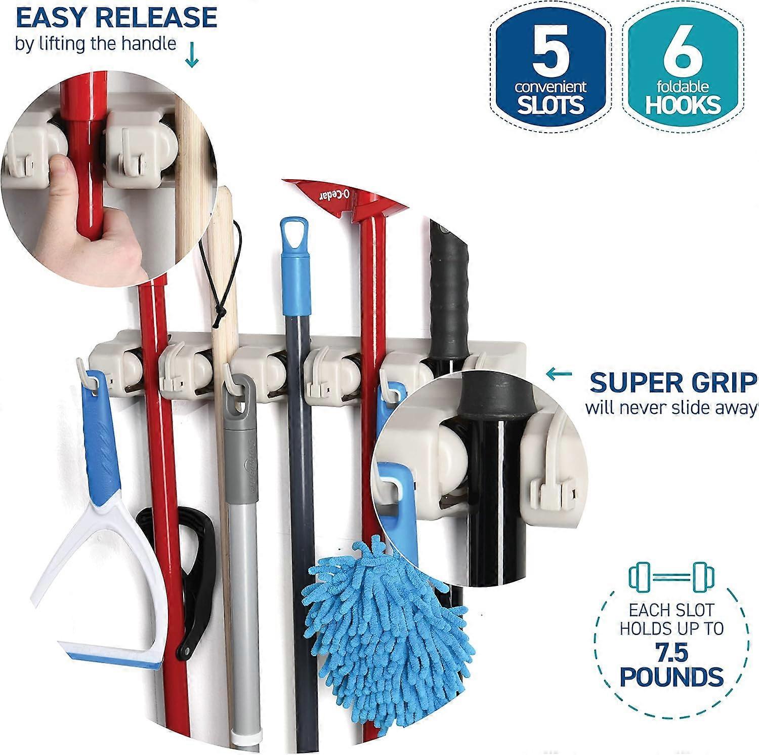 Mop and Broom Holder, 5 Positions with 6 Hooks Garage Storage Holds 11 ...