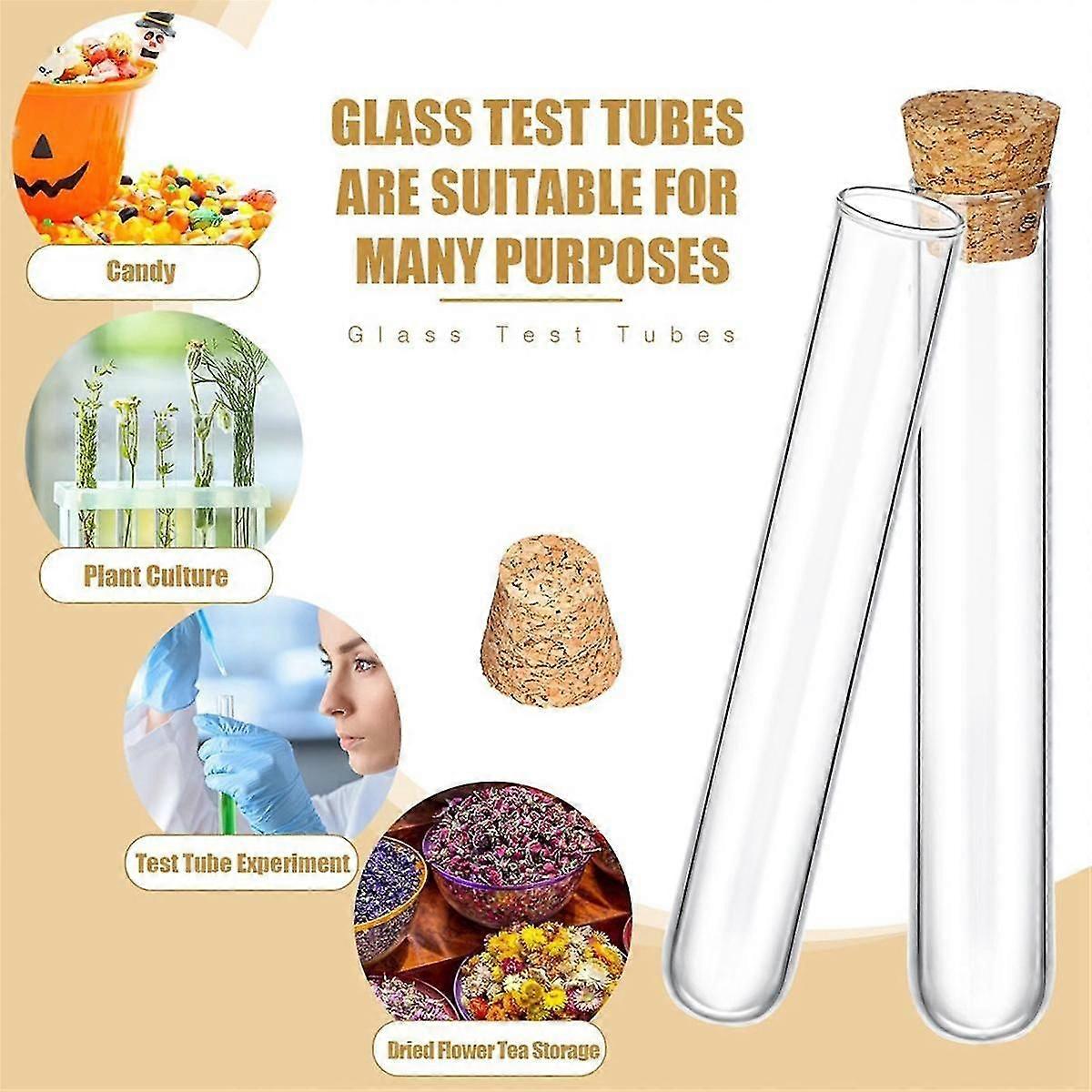 100PCS Glass Test Tubes with Cork Clear Stoppers Round Bottom Lab Test ...