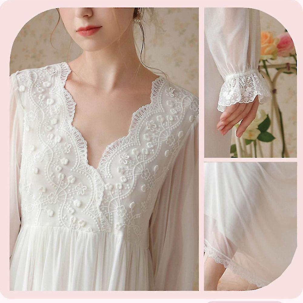 Nightgowns For Women, Women's Nightgowns, Lace Home Dress Long-sleeved Gauze Nightdress, White ...