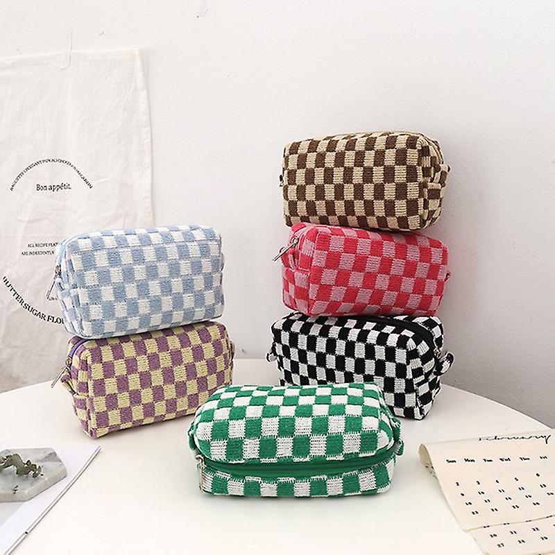 Ins Checkerboard Knitted Pencil Case Big Capacity Pen Bag Zipper ...
