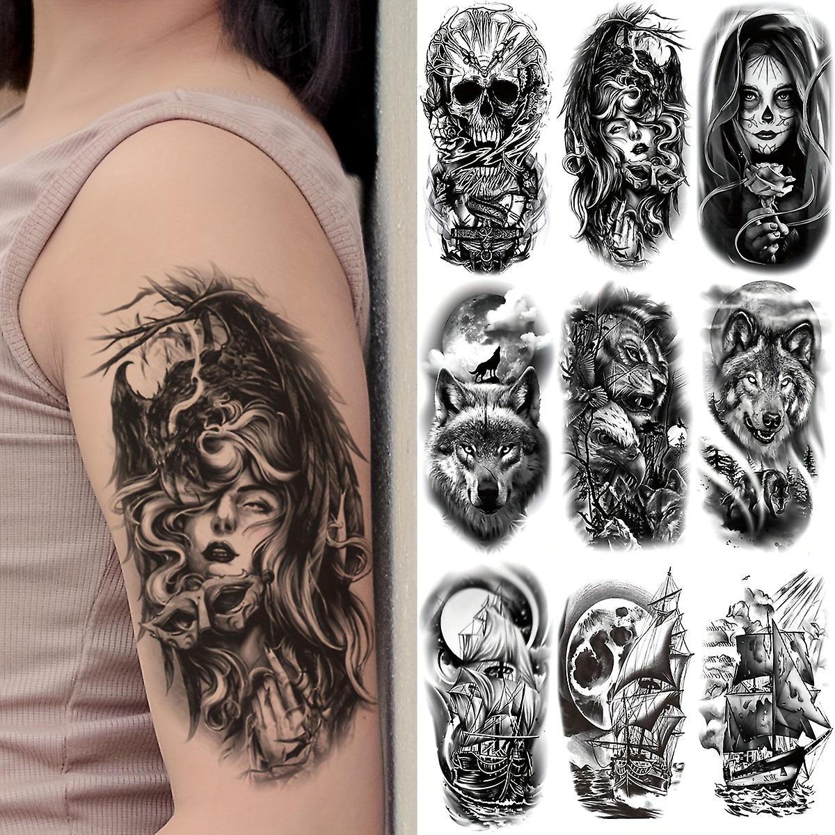Junge* Half Arm Temporary Tattoo Stickers, Skull Wolf Tiger Bridal ...