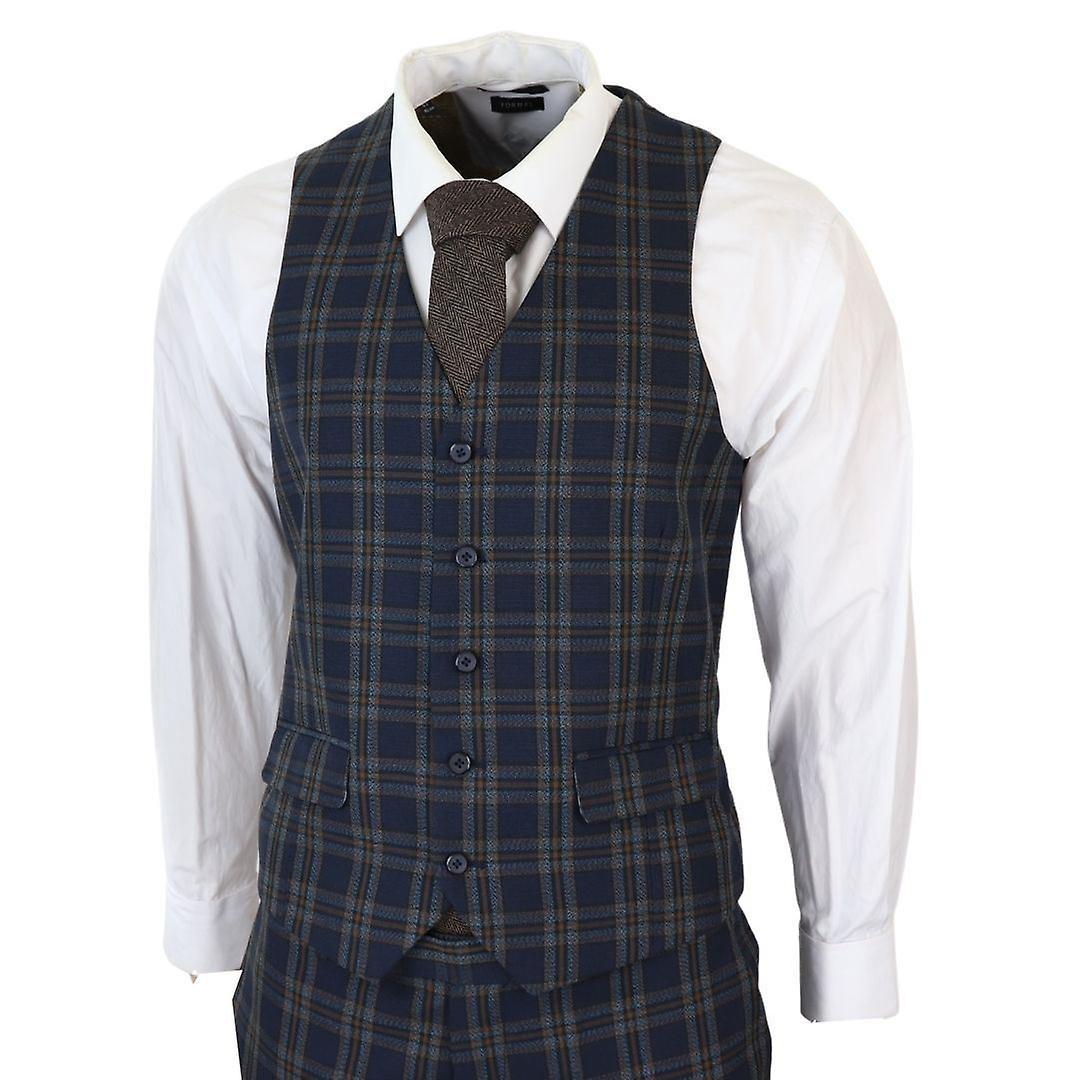 Men's Check Navy Blue 3 Piece Suit | Fruugo UK
