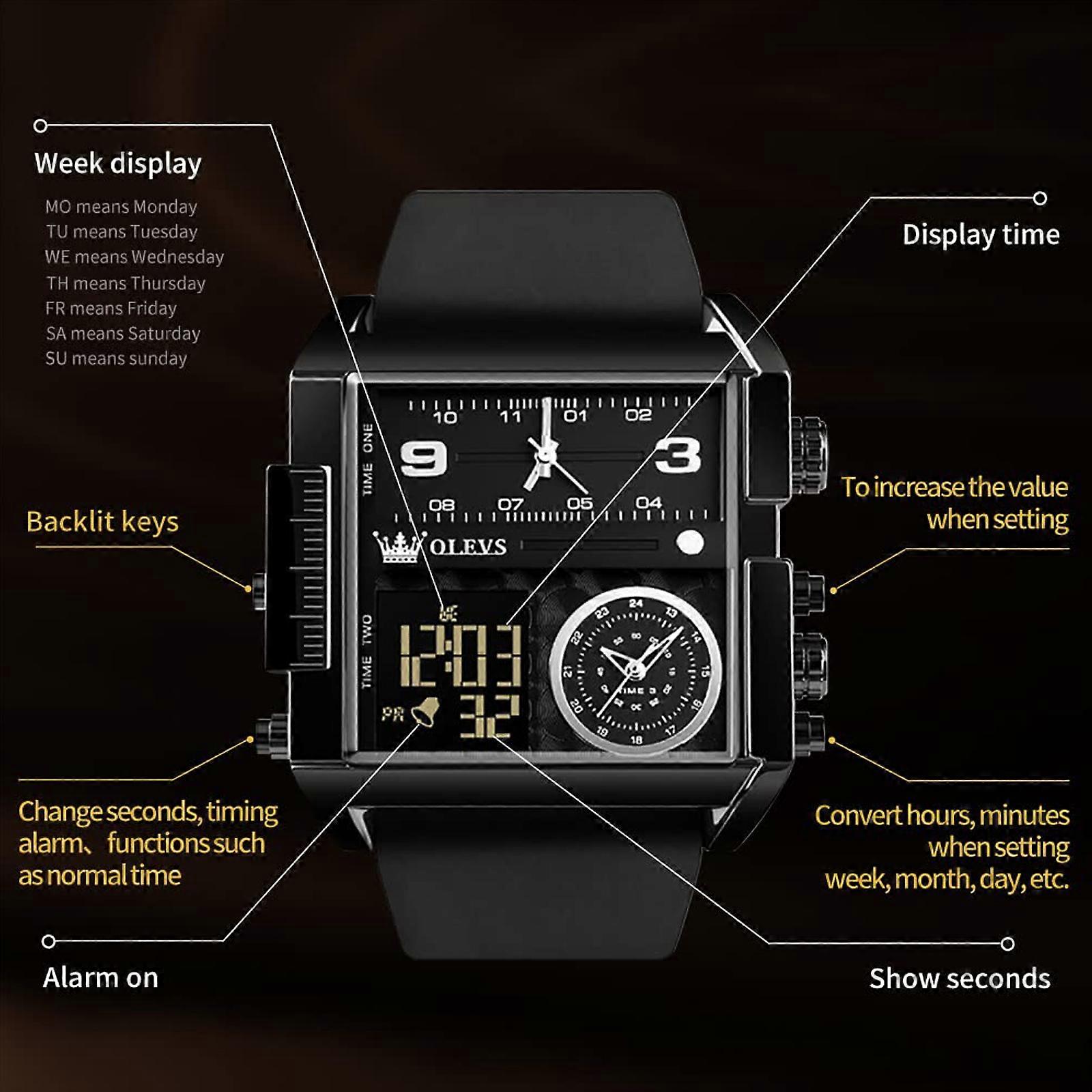 Waterproof Multifunction LCD Dual Display Electronic Quartz Watch for ...