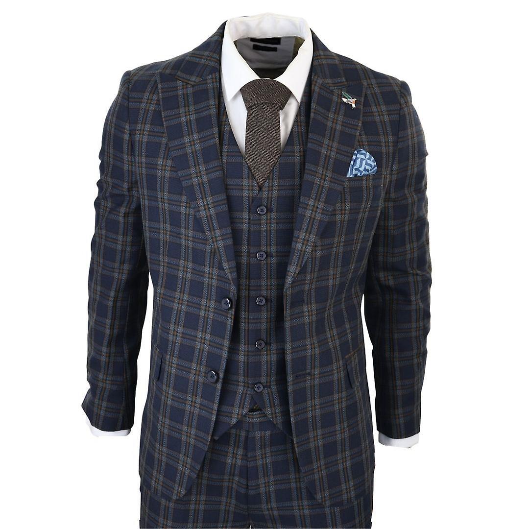 Men's Check Navy Blue 3 Piece Suit | Fruugo UK