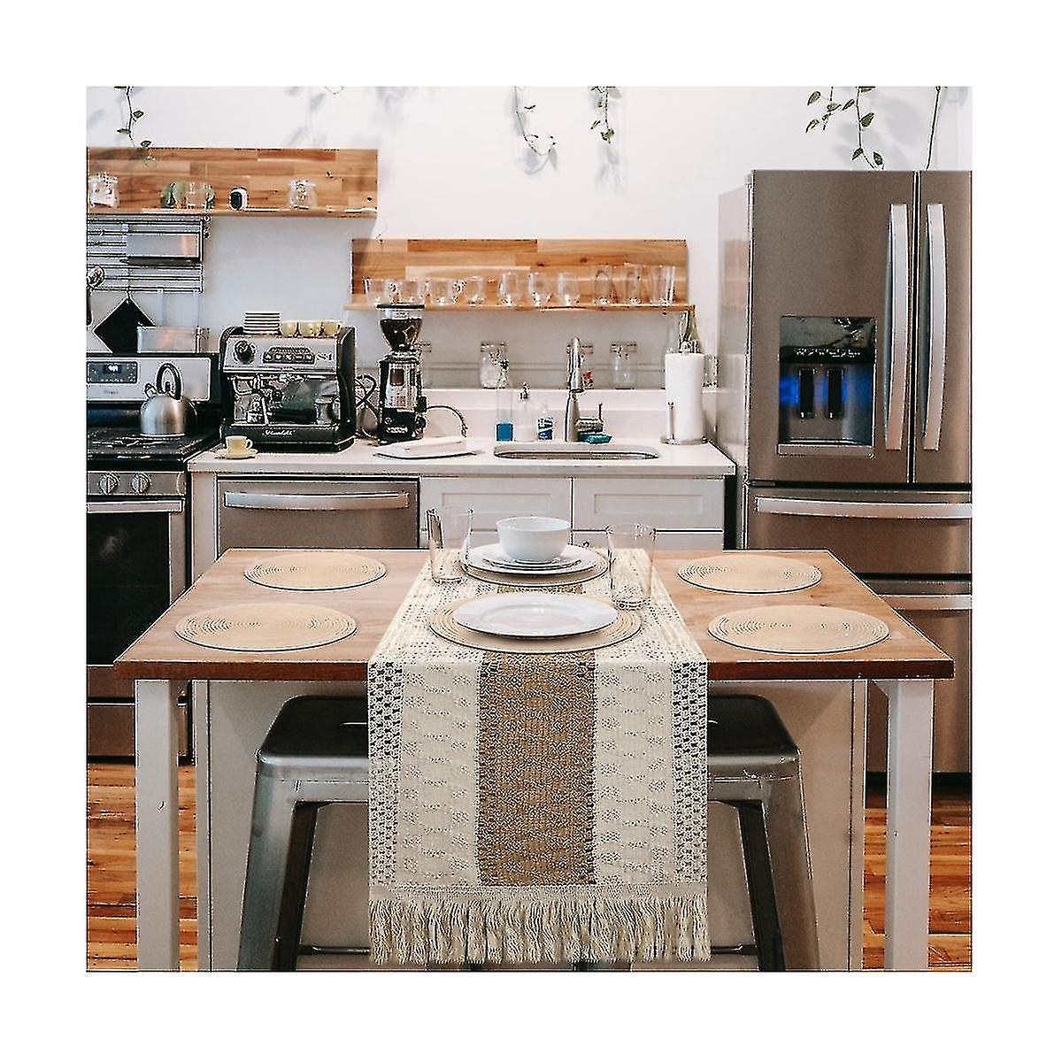 Table Runners And Round Braided Placemats Set Splicing Cotton Boho ...