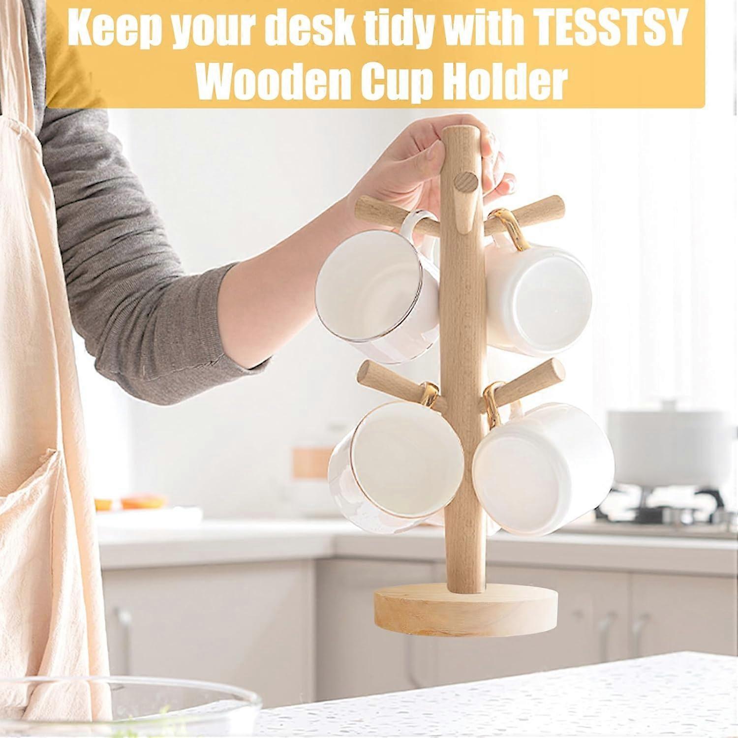 Wooden Cup Holder, Coffee Cup Holder with 6 Hooks, Removable Coffee Cup ...