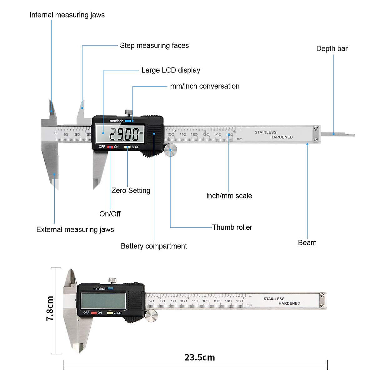 Vernier Caliper,digital 150mm Stainless Steel Large Lcd Display ...