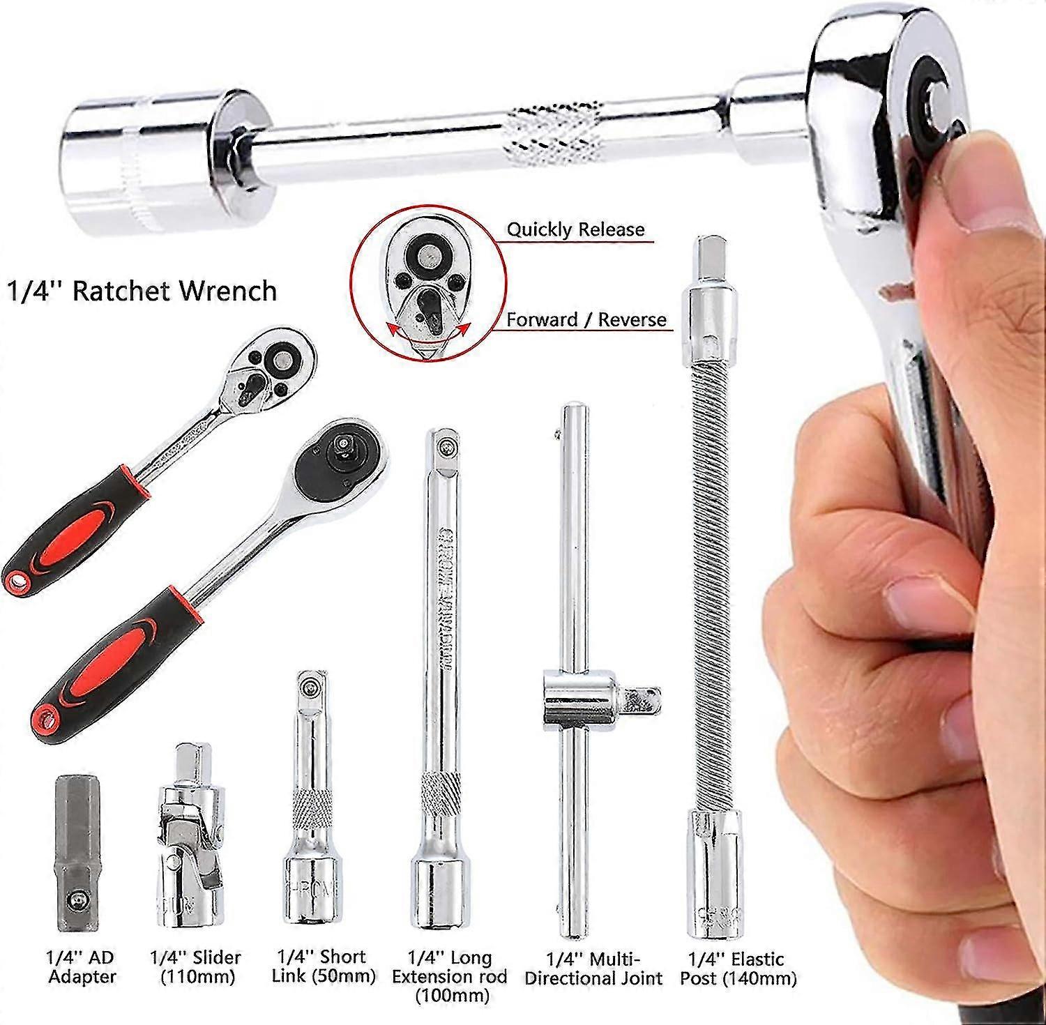 46 Pcs 1/4" Drive Socket & Bit Set With Reversible Ratchet Bike Tool ...