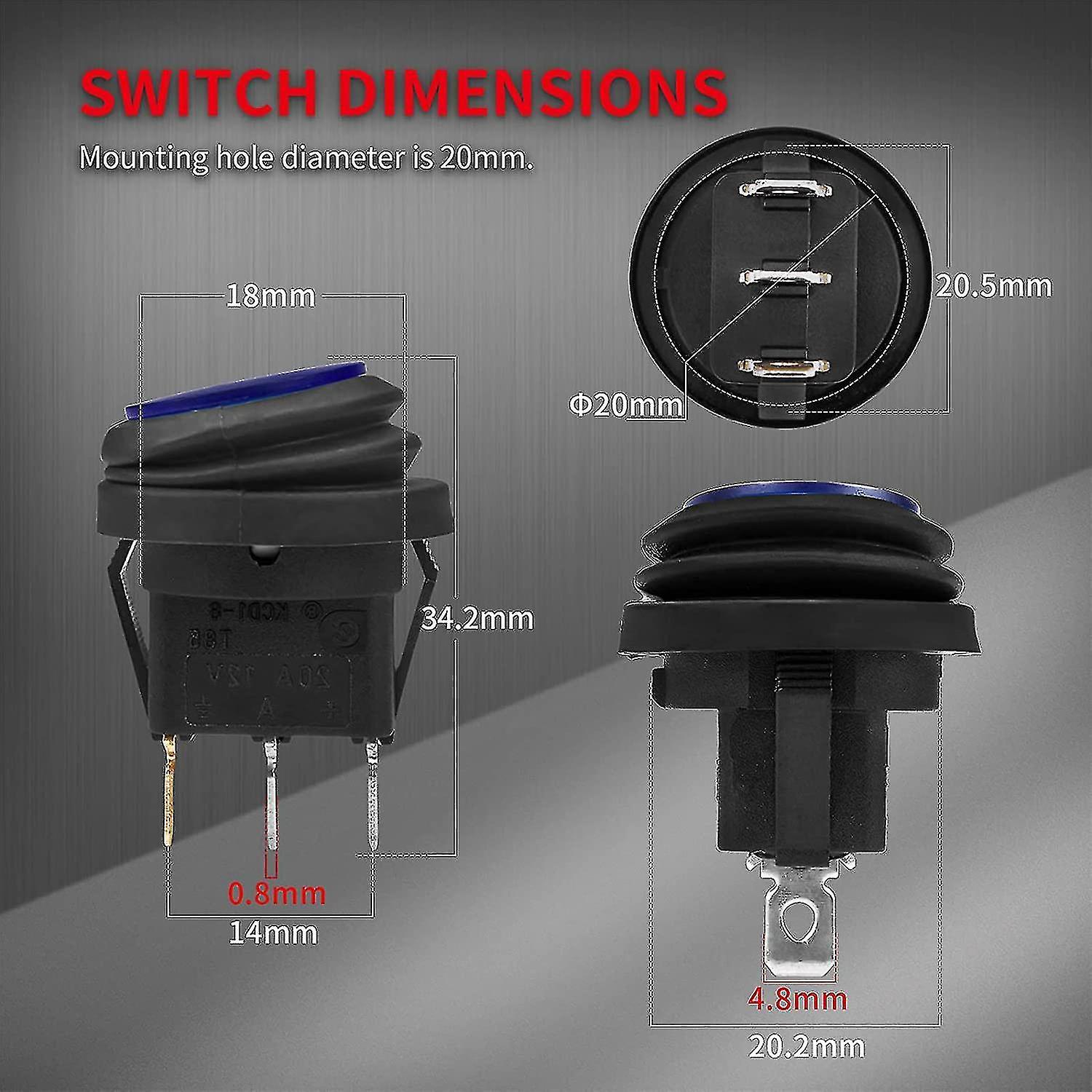 12v 20a Waterproof Rocker Switch Blue Led Lighted Round On Off 3 Pin 12 ...