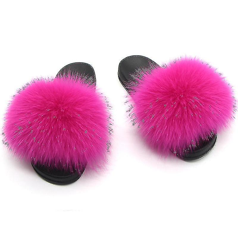Fox Fur Slides For Women - Comfort Open Toe Fur Slippers Indoor Outdoor ...