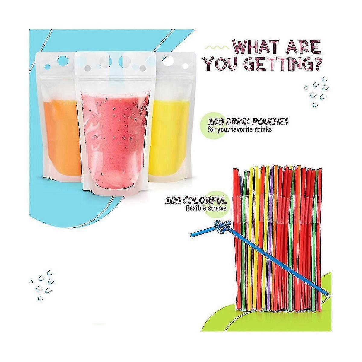 100pcs 16oz Drink Pouches For Adults - Drink Pouches With Straws X100 ...