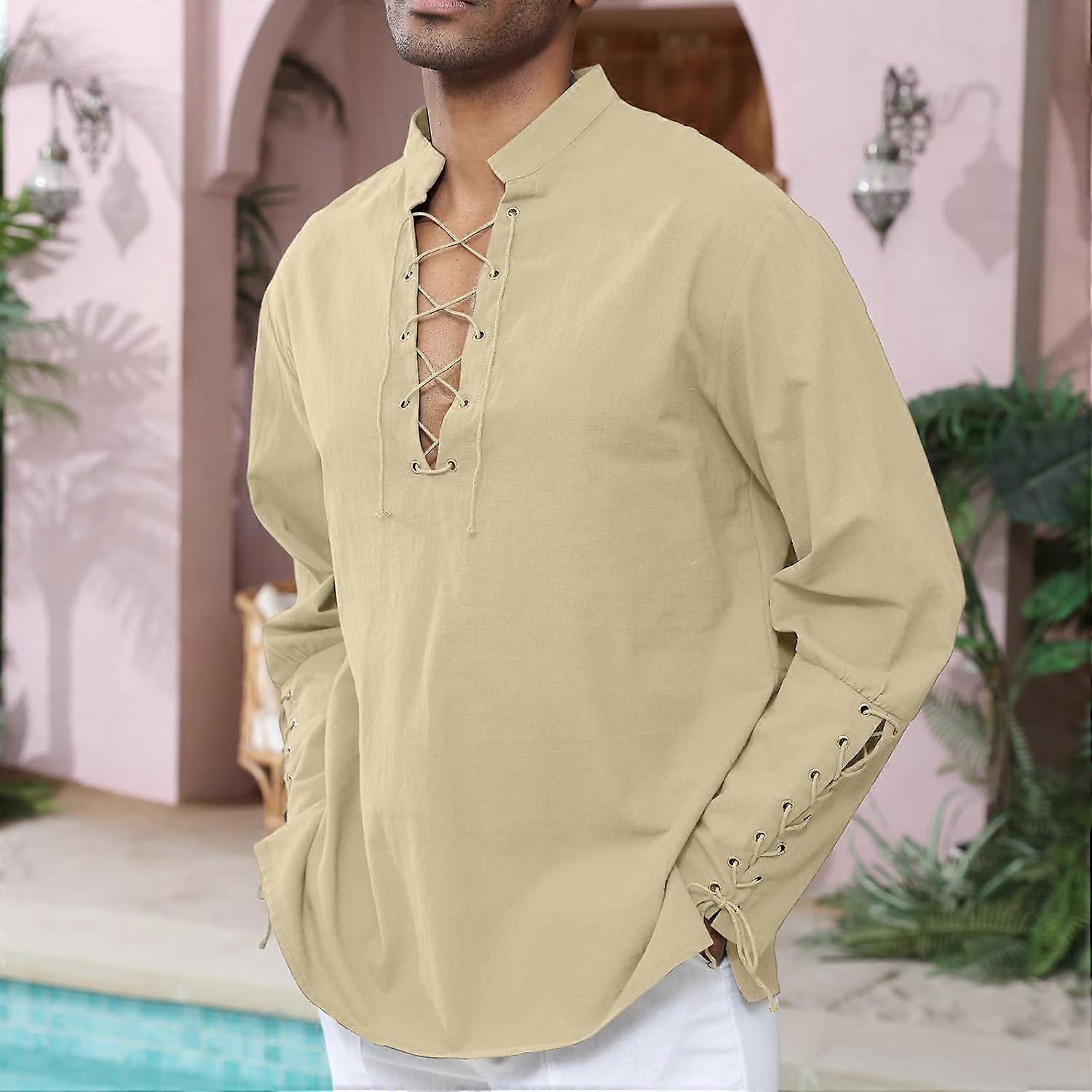 Men's Cotton Linen Shirt Drawstring Arm Banded Tops Medieval Viking ...