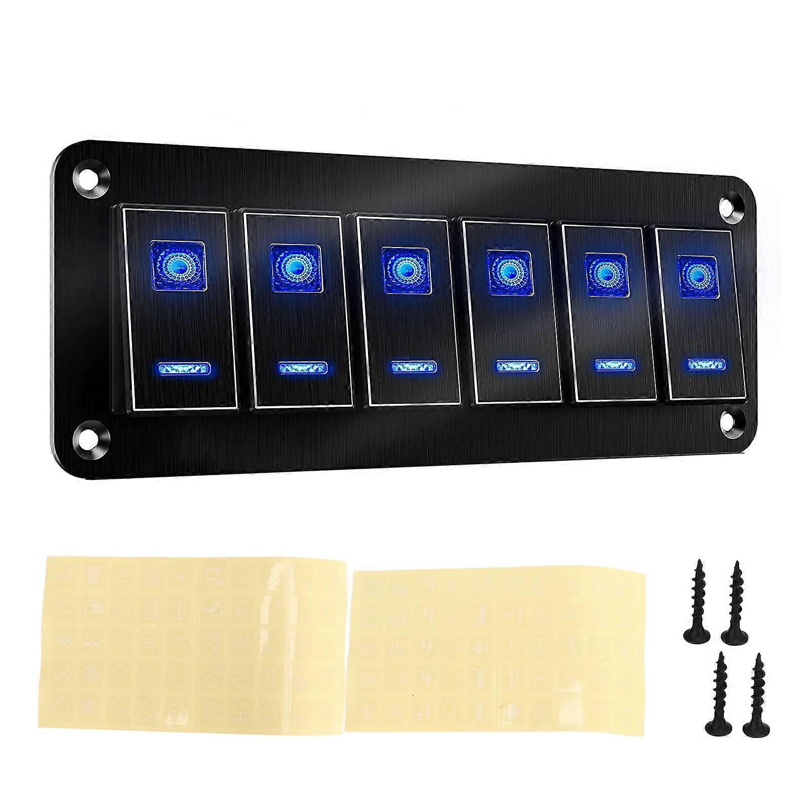 6 Gang Rocker Switch Panel Waterproof Blue Backlit Aluminum Alloy ...