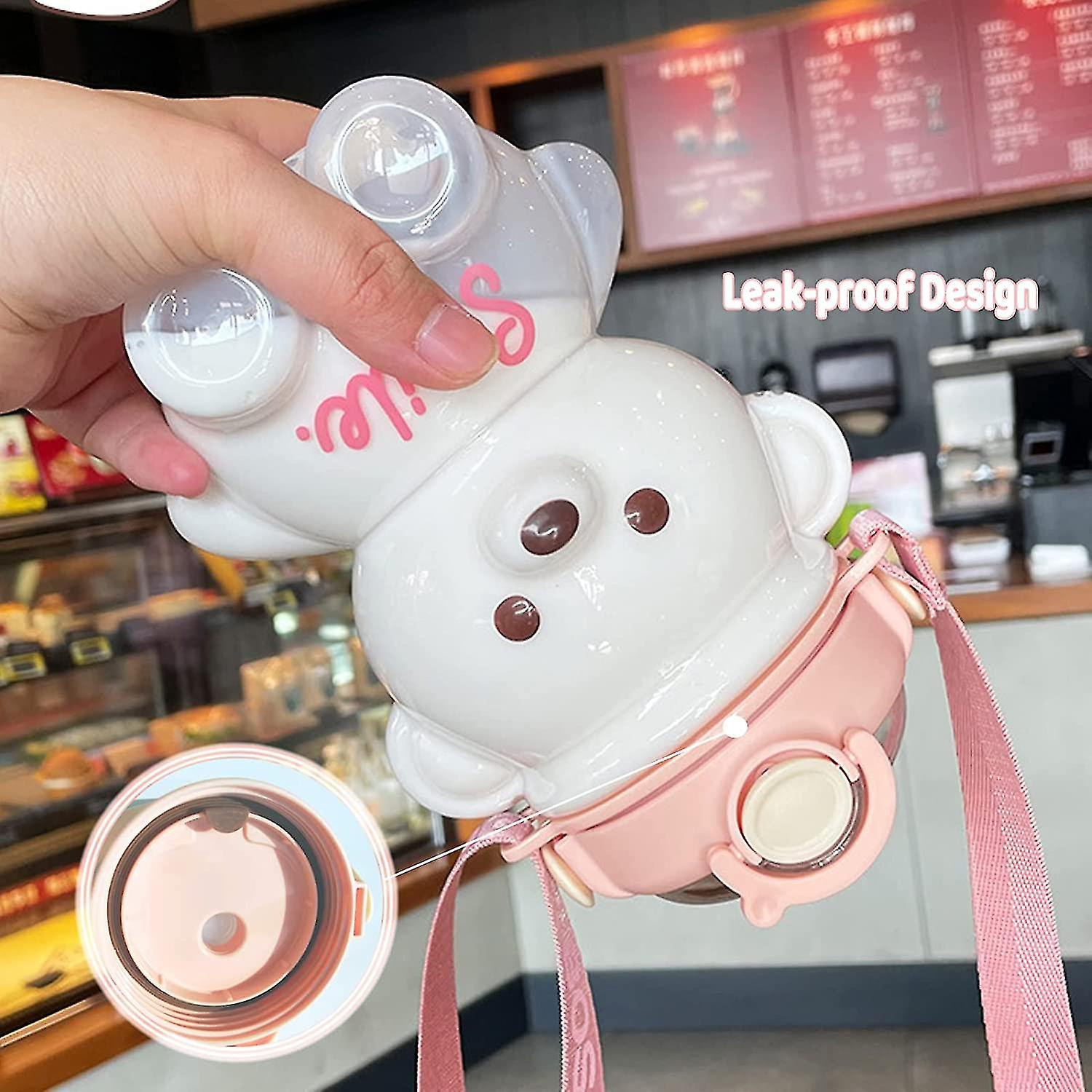 Bear Water Bottle With Straw, Kawaii Leak-proof Water Jug With Adjustable Shoulder Strap For ...