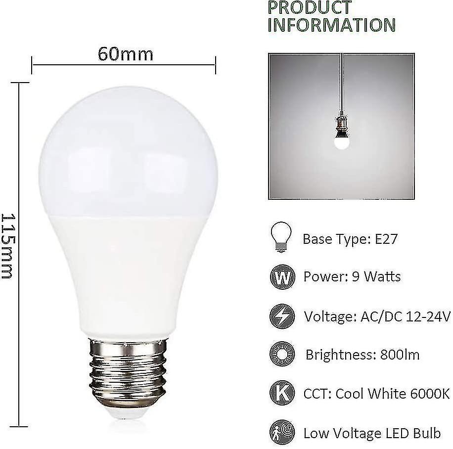 12v E27 9w Cool White 6000k Halogen Equivalent 75w, Ac Dc 12 Volt 24 ...