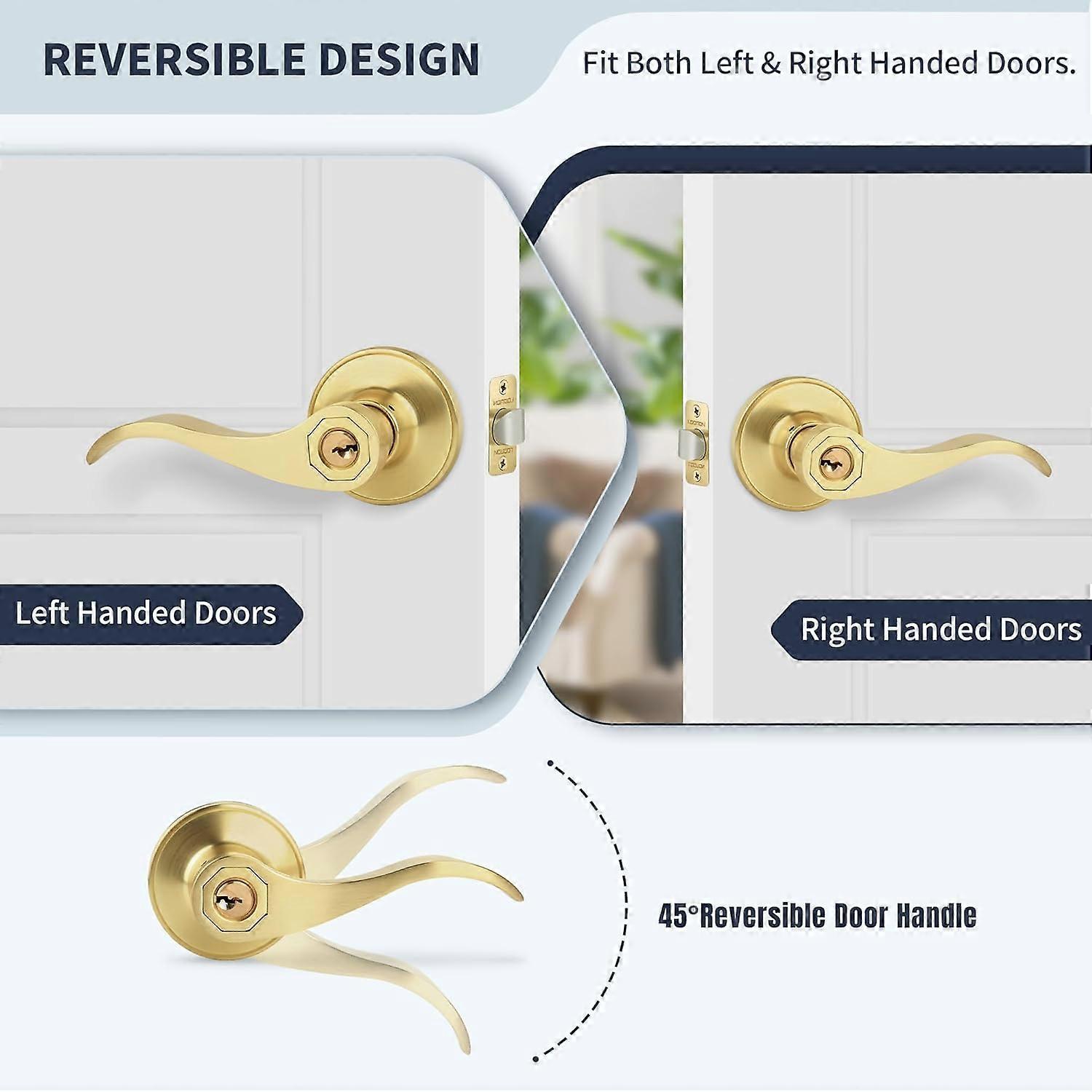 Reversible Door Handle with Lock - Brushed Brass Entry Set for Left ...