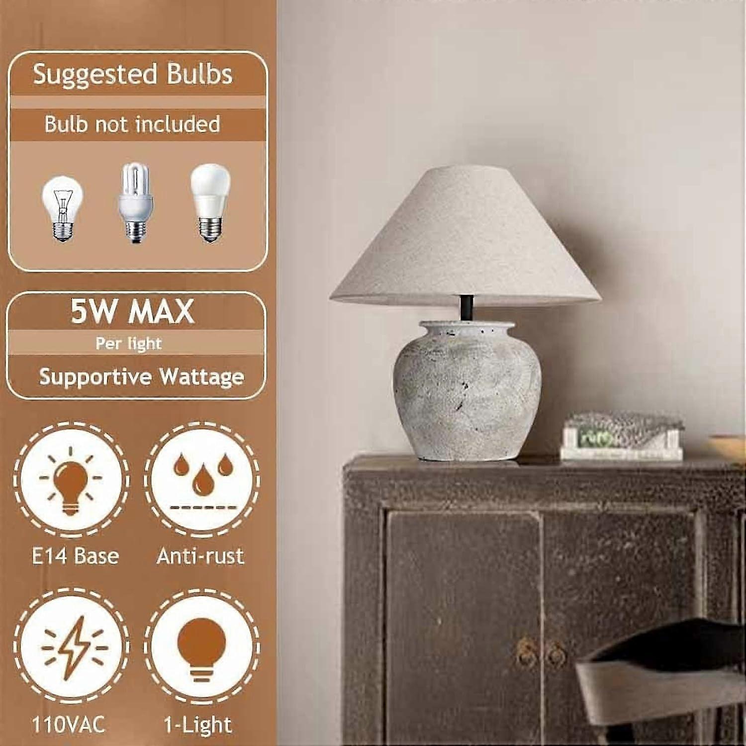 Rustic Farmhouse Ceramic Table Lamp with Fabric Shade, Handmade Bedside Light for Living Room ...