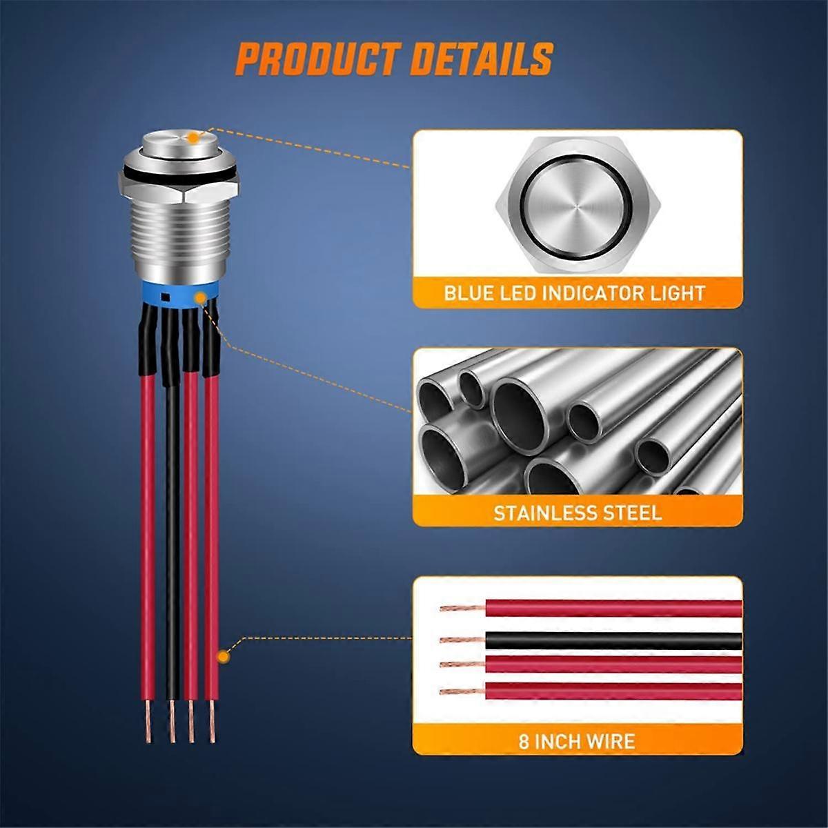 12mm Push Button Switch 5PCS with Pre Wired Harness 12V 24V Self ...