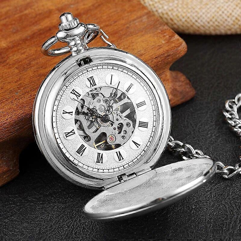 Luxury Silver Stripe Carved Vintage Mechanical Pocket Watch Double Side ...