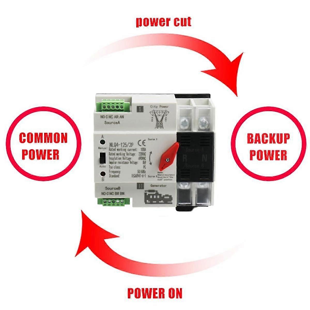 Automatic Transfer Switch 2P 100A Din Rail Mount Dual Power Switch for ...