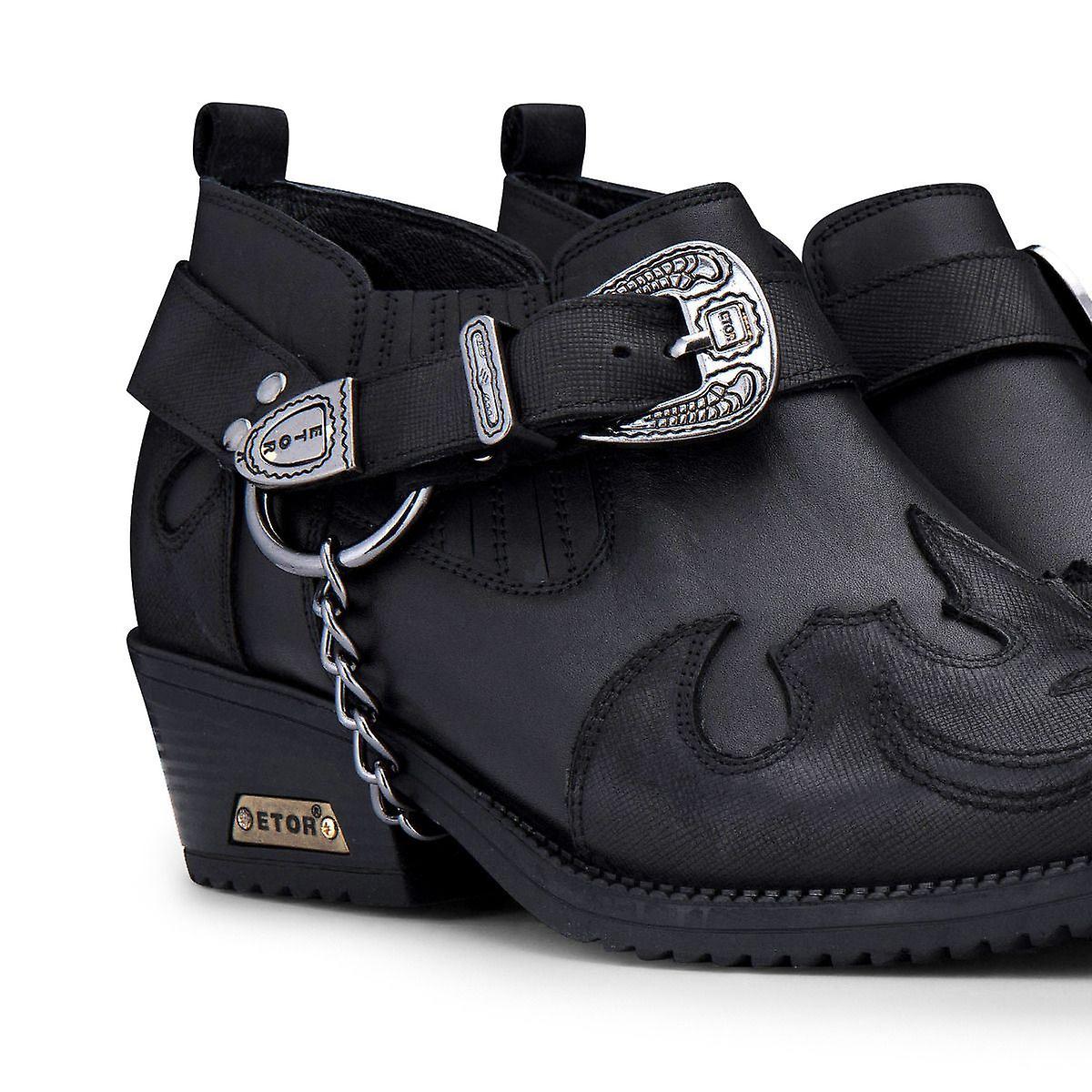 Men's Black Leather Cuban Metal Chain Cowboy Shoes | Fruugo UK