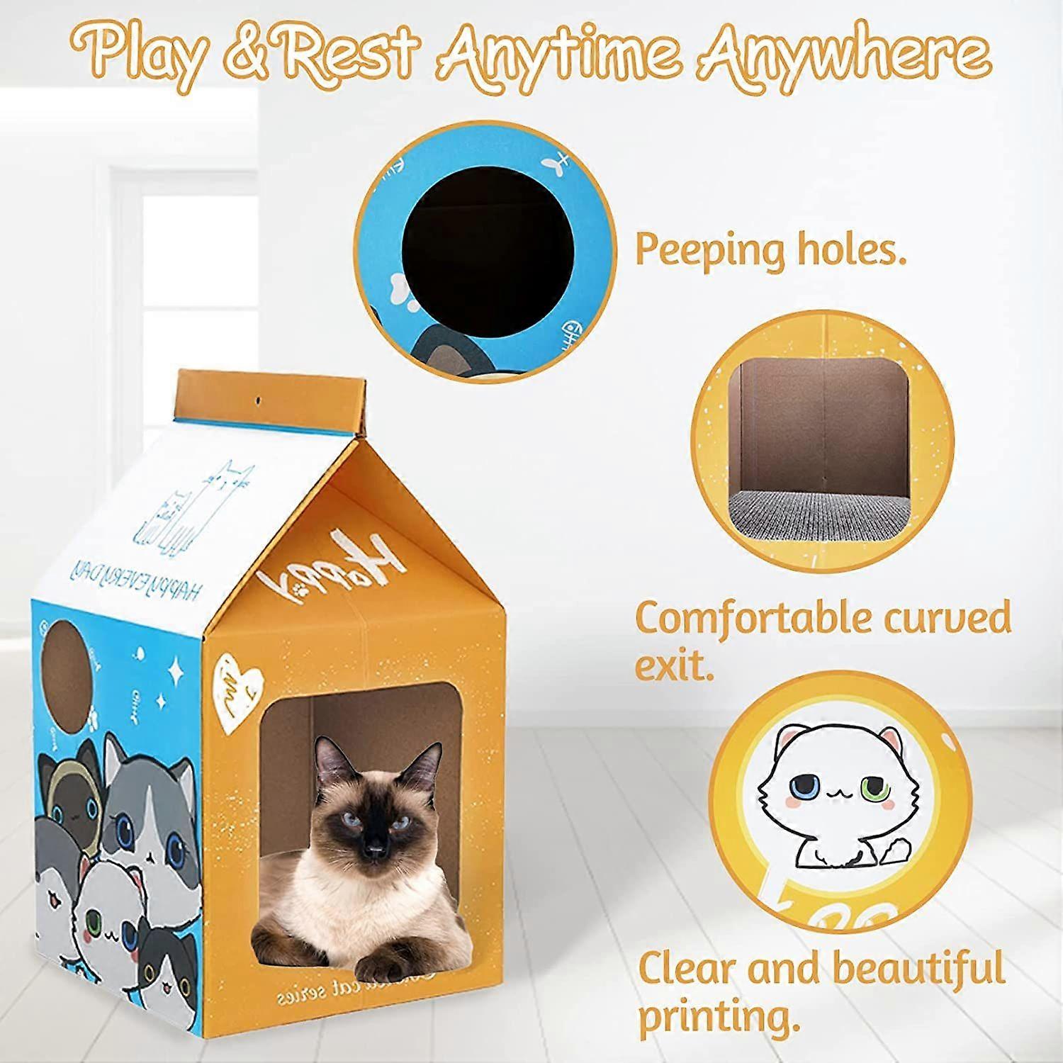 Cardboard Cat House with Scratcher, Foldable Milk Box Playhouse ...