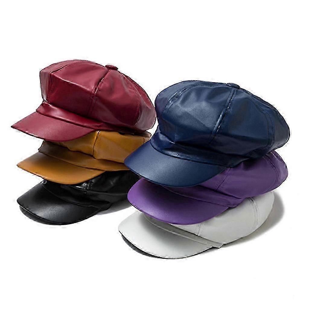 British Style Faux Leather Flat Beret Cap With Visor Women Solid ...