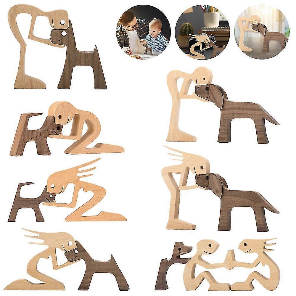 Wooden Dog Cat Family Statue Puppy Family Wood Dogs Figurines Home ...