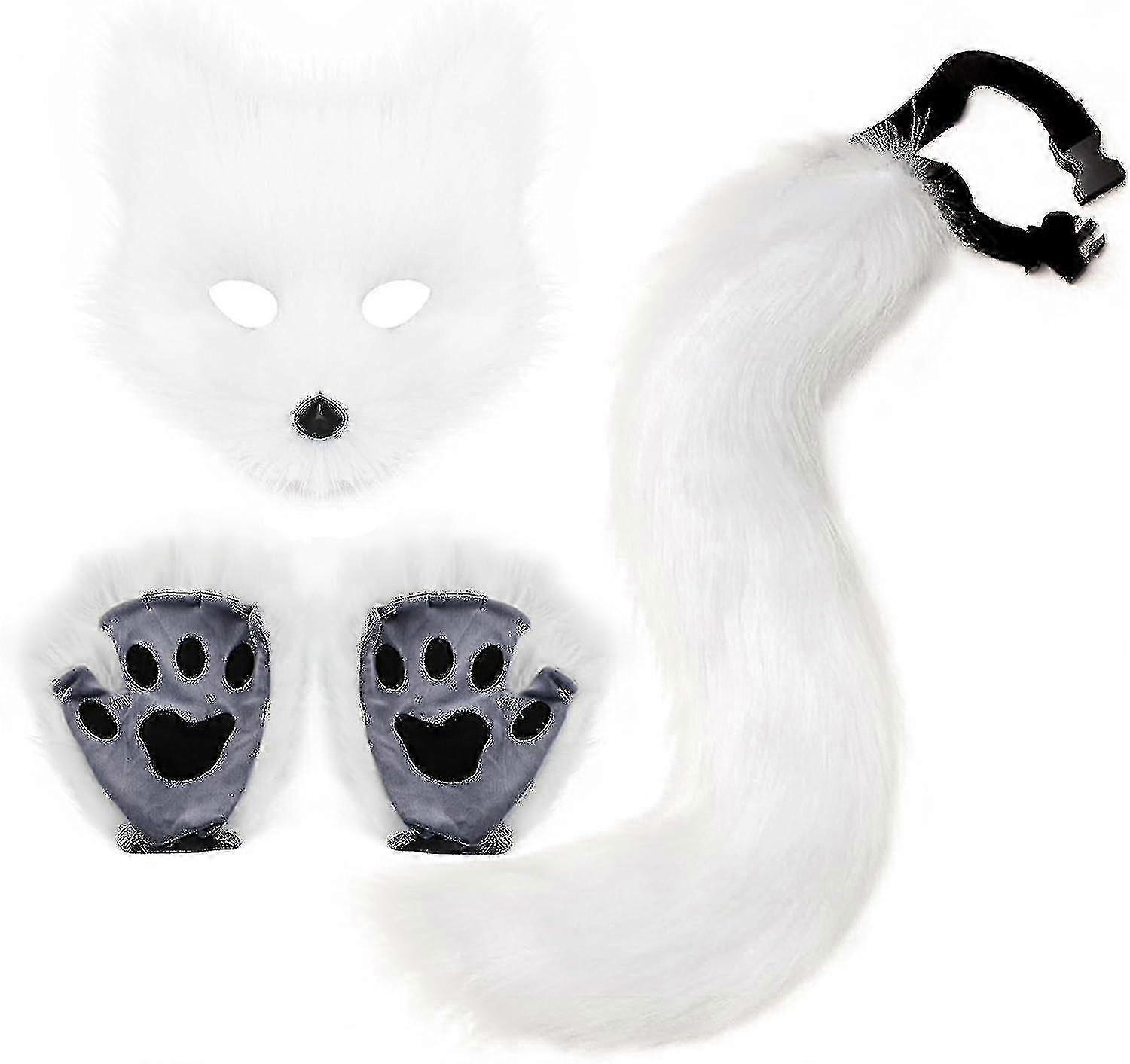 Faux Fur Fox Tail Cat Wolf Cosplay Costume Set Plush Mask Fluffy Paw ...