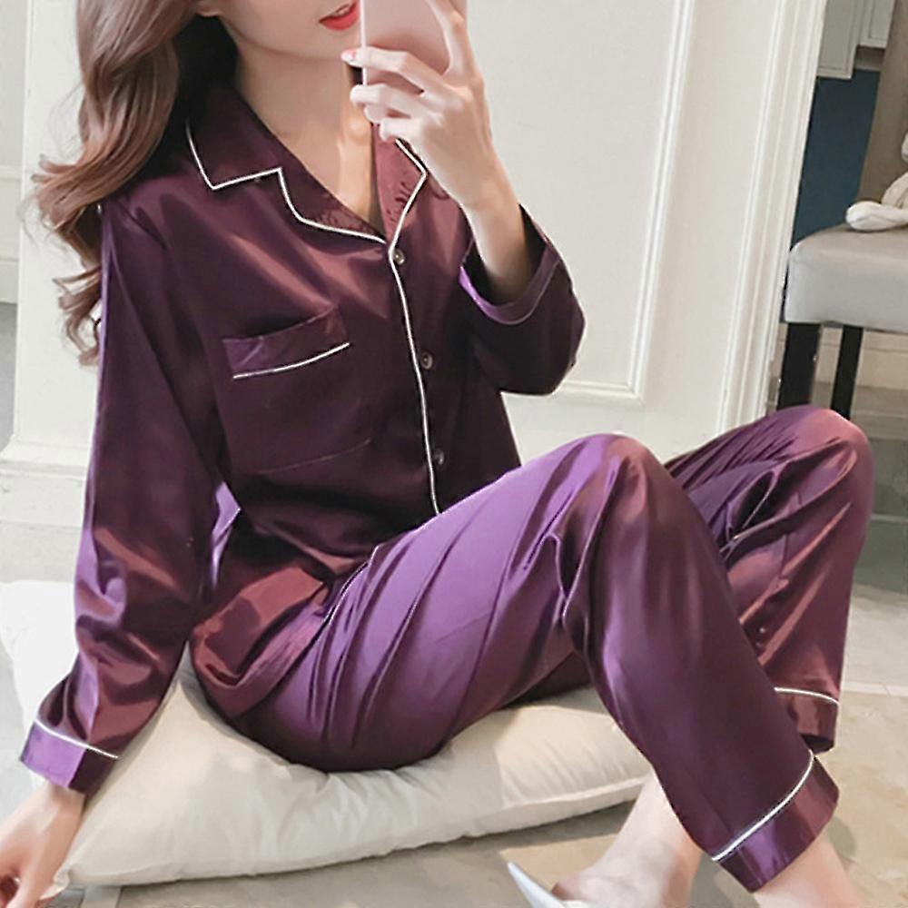 Women Satin Silk Look Sleepwear Pyjamas Long Sleeve Nightwear Set ...