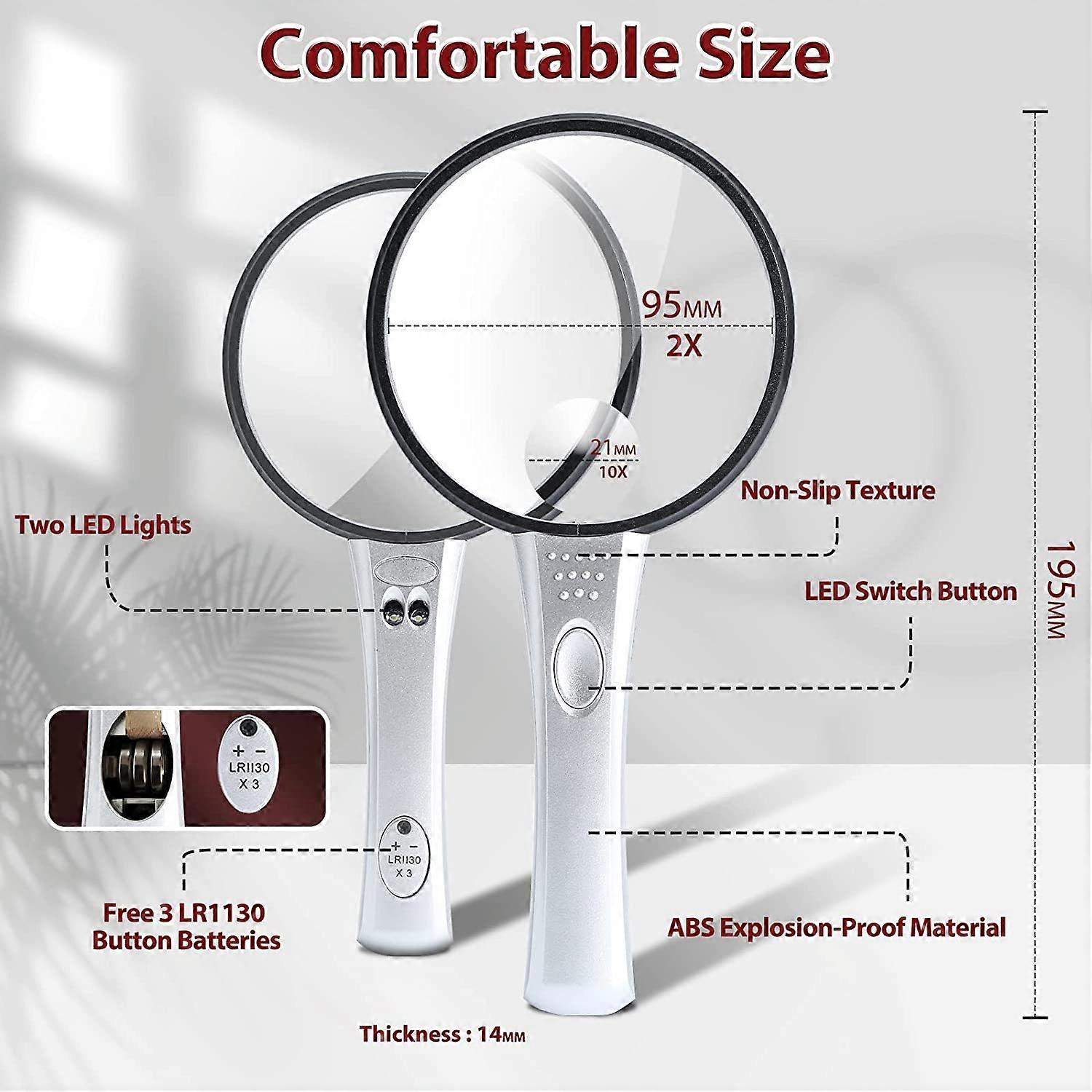 Portable 2 LED Lightweight Magnifier Magnifier, 2.5X 10X Magnifying ...