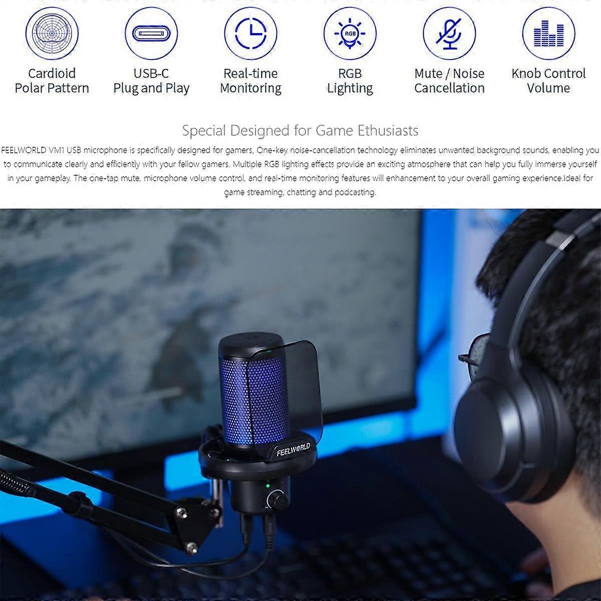FEELWORLD VM1 USB Condenser Gaming Microphone for Streaming Noise ...